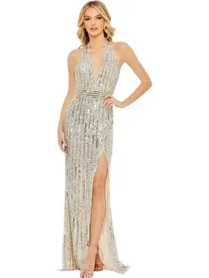 Mac Duggal Sequined Halter Strap Trumpet Gown - Silver