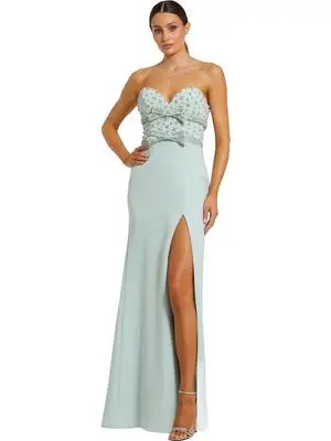 Mac Duggal Strapless Rhinestone Bodice Crepe Gown Green