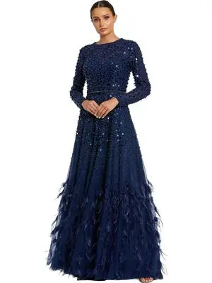 Mac Duggal Disc And Sequin Embellished Gown With Feathers - Navy