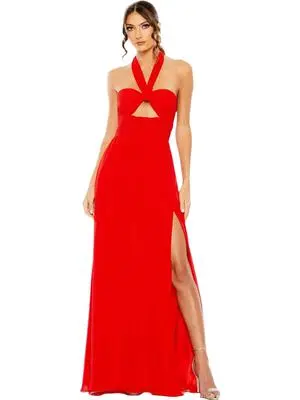 Mac Duggal Ruched Halter Strap Keyhole Chiffon Gown - Red