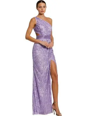 Mac Duggal Sequined One Shoulder Lace Up Gown - Purple