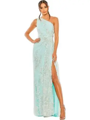 Mac Duggal One-Shoulder Embellished Lace Gown With Cutout Blue