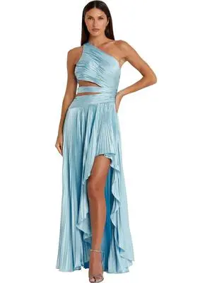 Mac Duggal One-shoulder Pleated Charmeuse High-low Gown - Blue