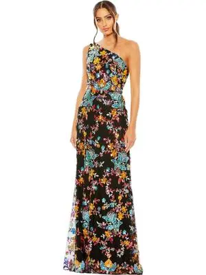 Mac Duggal Floral Sequin One-shoulder Lace-up Gown - Black