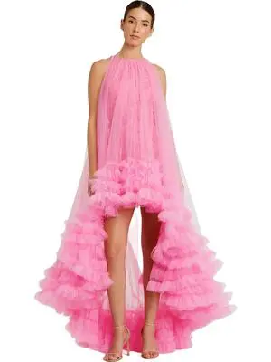 Mac Duggal Tulle High-low Gown With Ruffled Hem - Pink