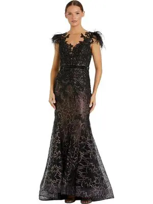 Mac Duggal Embellished Feather Cap Sleeve Trumpet Gown - Black