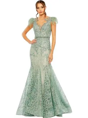 Mac Duggal Embellished Feather Cap Sleeve Trumpet Gown - Green