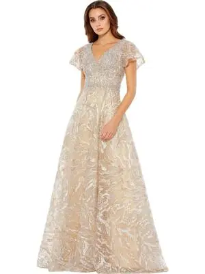 Mac Duggal Embellished Illusion Butterfly Sleeve A-line Gown - Neutral