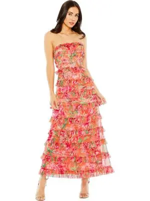 Mac Duggal Floral-printed Strapless Ruffle Gown - Orange