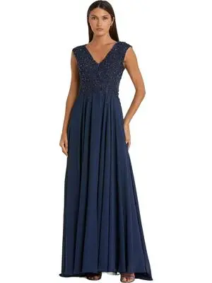 Mac Duggal Cap Sleeve Applique Bodice Flowy Gown Navy