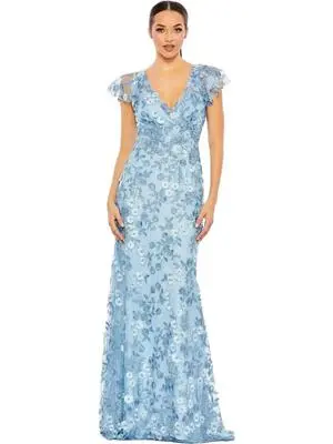 Mac Duggal Embroidered Applique Flutter Sleeve Gown - Blue