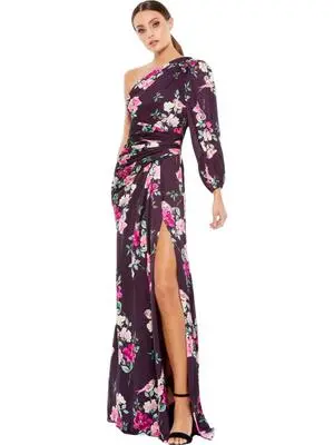Mac Duggal One-shoulder Floral Charmeuse Gown - Purple