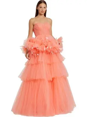 Mac Duggal Tulle Ballgown With Feather Trim - Orange