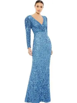 Mac Duggal Sequin Surplice Gown With Puff Sleeves Blue