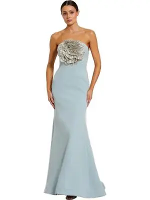 Mac Duggal Strapless Crepe Trumpet Gown With Rhinestone Flower - Blue