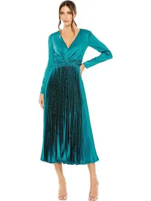 Mac Duggal Long Sleeve Pleated V-neck Tea-length Dress - Blue