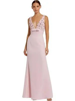 Mac Duggal Crepe Beaded V-neck Gown With Bow - Pink