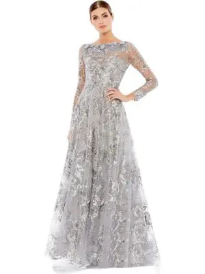 Mac Duggal Embroidered Illusion Neckline A-line Evening Gown - Gray