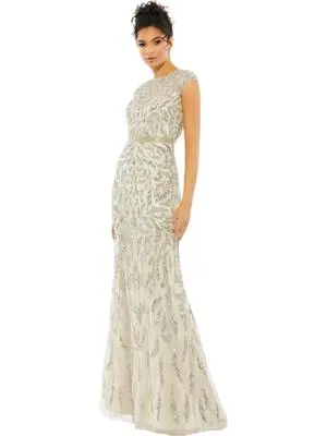 Mac Duggal Embellished Illusion Cap Sleeve Column Gown - White