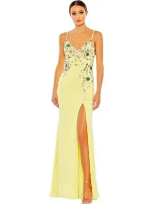 Mac Duggal Beaded Floral Cami Gown - Yellow