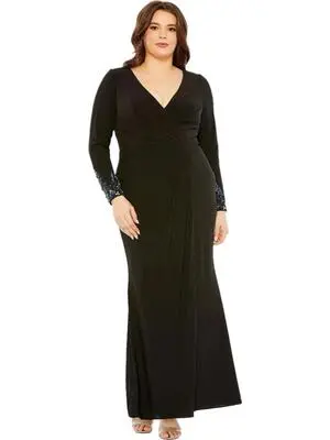 Mac Duggal Long Sleeve V-neck Gown With Crystal Detail - Black