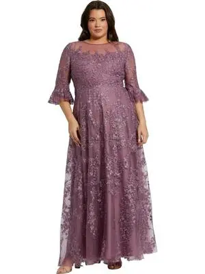 Mac Duggal High Neck Flutter Sleeve Embroidered A-line Gown - Purple