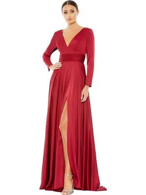 Mac Duggal Long Sleeve Ruched Waist A-Line Gown Red