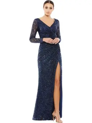 Mac Duggal Long Sleeve Ruched Sequined V-neck Gown - Navy