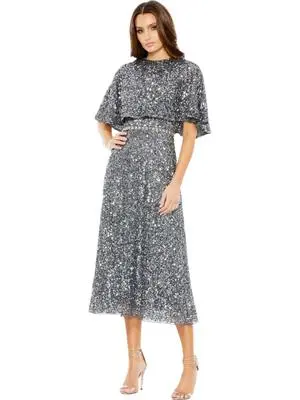 Mac Duggal Embellished Cape High Neck Midi Dress - Gray