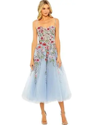 Mac Duggal Bustier Embroidered Floral A-line Dress - Blue