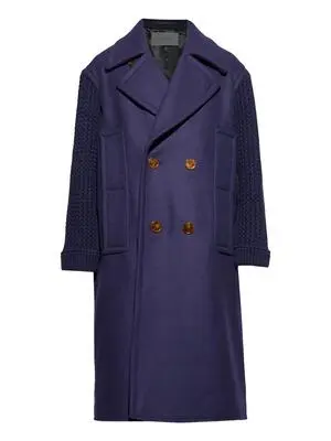 LANVIN Wool Coat With Knit Sleeves - Navy Blue