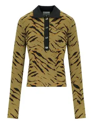 GANNI Zebra Print Merino Wool Polo Pullover - Beige