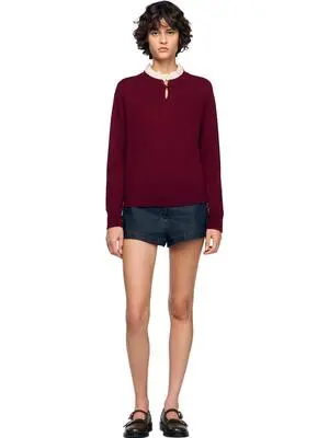 Sandro Fine Knit Sweater With Ruffled Neck - Bordeaux
