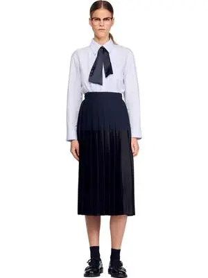 Sandro Midi Pleated Dual-material Skirt - Navy Blue