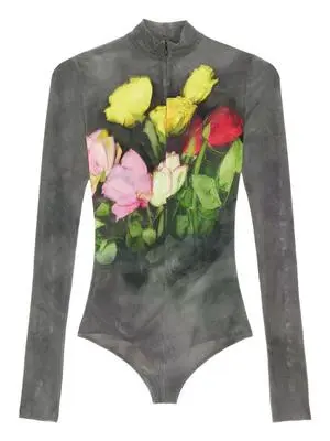 MSGM Floral-print Zip Bodysuit - Black