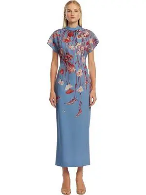 Lela Rose Floral Crepe Stella Dress - Blue