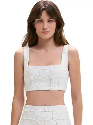 PatBO Pearl Embellished Tweed Cropped Top - White