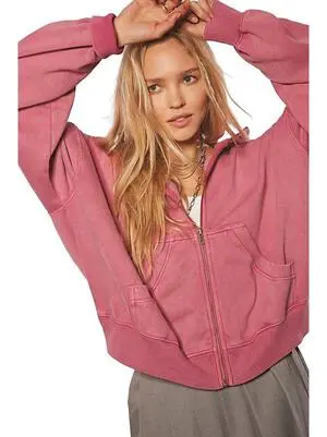 Free People Slouchy Zip-Up Hoodie Pink Peacock