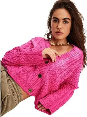 Free People Cable Knit Cardigan - Hot Pink Combo