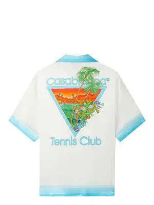 Casablanca Palm Springs Icon Cuban Collar Short Sleeve Silk Shirt - Blue