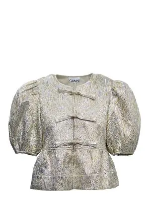 GANNI Metallic Cloque Peplum Blouse - Silver,guld