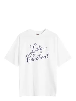LATE CHECKOUT Blue Script T-shirt - White