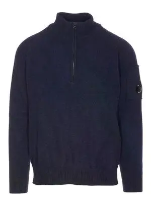 C.P. COMPANY Zip-neck Sweater With Logo Patch - Blue