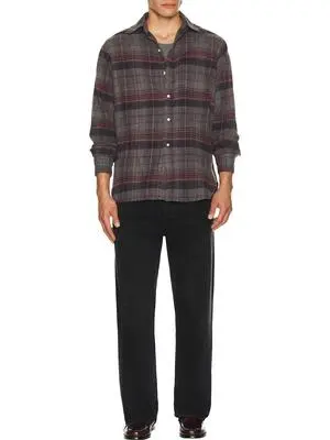 BEAMS Open Collar Brushed Satin Plaid Shirt - Red