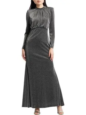 Vince Camuto Metallic Rhinestone Long Sleeve Mermaid Gown - Black Silver