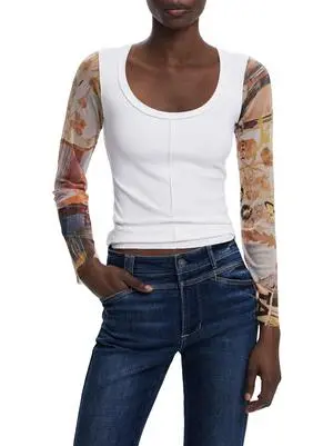 Desigual Mesh Sleeve Scoop Neck Rib Top - Light Beige