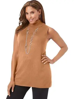 JESSICA LONDON Sleeveless Cashmere Turtleneck Shell - Brown Maple