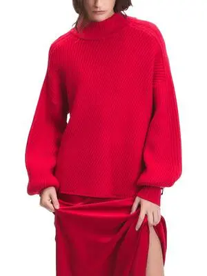 Deluc Nelson Balloon Sleeve Ribbed Mock Neck Sweater - Red