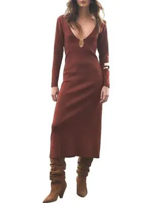 Deluc Maurice Long Sleeve Knit Midi Dress - Brick