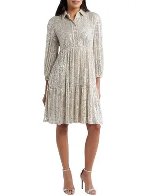 Eliza J Sequin Stripe Shirtdress - Silver